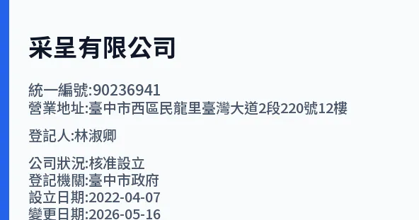 采呈有限公司的照片-統編 90236941(臺中市) 公司登記資料與營業項目詳細圖表