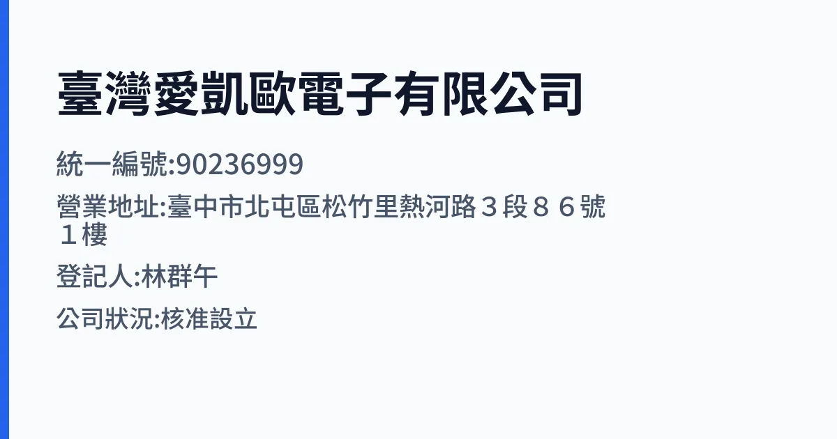 臺灣愛凱歐電子有限公司 - 統編 90236999(臺中市) 公司登記資料與營業項目詳細圖表