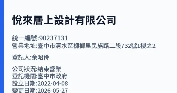 悅來居上設計有限公司的照片-統編 90237131(臺中市) 公司登記資料與營業項目詳細圖表