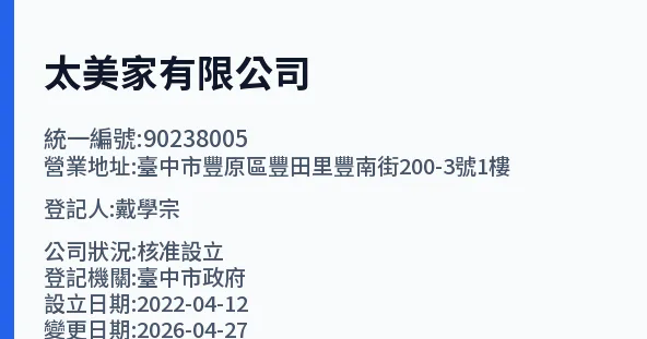 太美家有限公司的照片-統編 90238005(臺中市) 公司登記資料與營業項目詳細圖表