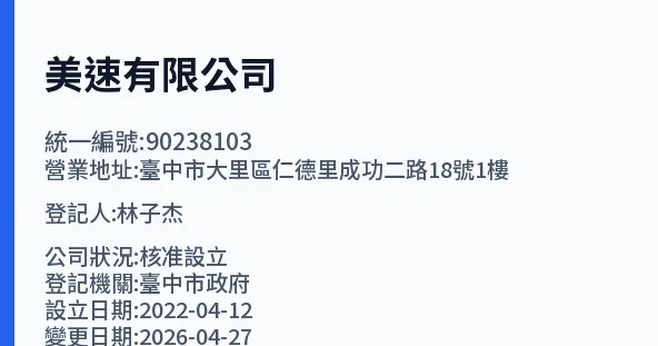 美速有限公司的照片-統編 90238103(臺中市) 公司登記資料與營業項目詳細圖表