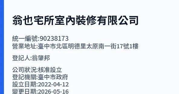 翁也宅所室內裝修有限公司的照片-統編 90238173(臺中市) 公司登記資料與營業項目詳細圖表