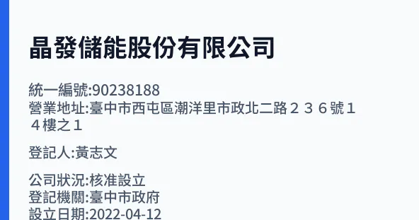 晶發儲能股份有限公司的照片-統編 90238188(臺中市) 公司登記資料與營業項目詳細圖表