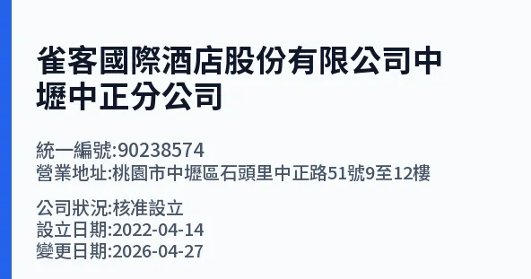 雀客國際酒店股份有限公司中壢中正分公司的照片-統編 90238574(桃園市) 公司登記資料與營業項目詳細圖表