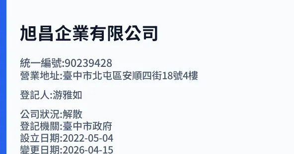 旭昌企業有限公司的照片-統編 90239428(臺中市) 公司登記資料與營業項目詳細圖表