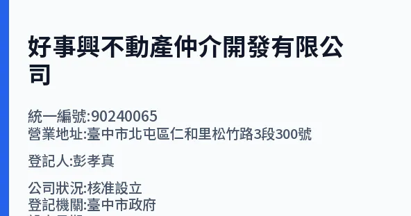好事興不動產仲介開發有限公司的照片-統編 90240065(臺中市) 公司登記資料與營業項目詳細圖表
