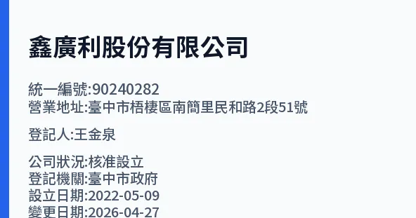 鑫廣利股份有限公司的照片-統編 90240282(臺中市) 公司登記資料與營業項目詳細圖表