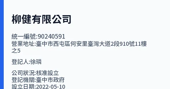 柳健有限公司的照片-統編 90240591(臺中市) 公司登記資料與營業項目詳細圖表