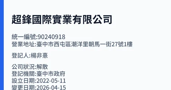 超鋒國際實業有限公司 - 統編 90240918(臺中市) 公司登記資料與營業項目詳細圖表