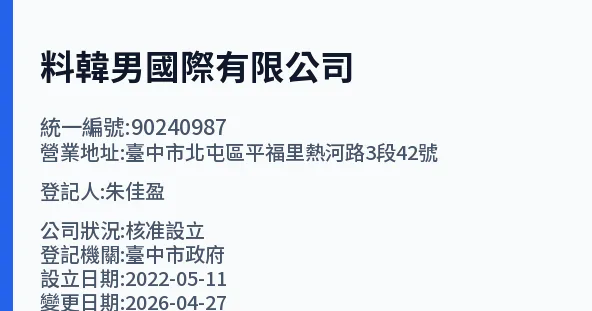 料韓男國際有限公司的照片-統編 90240987(臺中市) 公司登記資料與營業項目詳細圖表