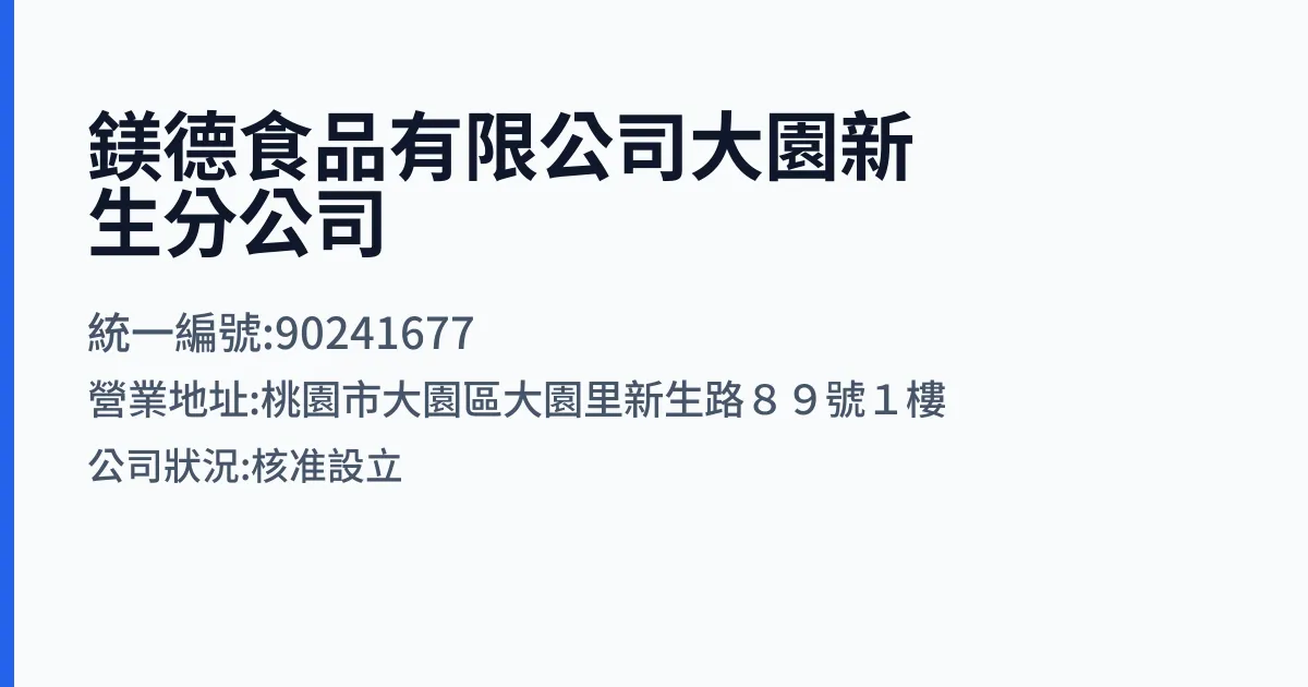 鎂德食品有限公司大園新生分公司 - 統編 90241677(桃園市) 公司登記資料與營業項目詳細圖表