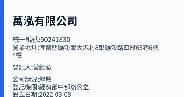 萬泓有限公司的照片-統編 90241830(宜蘭縣) 公司登記資料與營業項目詳細圖表