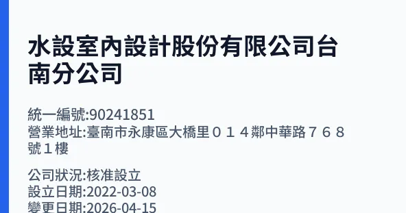 水設室內設計股份有限公司台南分公司的照片-統編 90241851(臺南市) 公司登記資料與營業項目詳細圖表