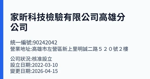 家昕科技檢驗有限公司高雄分公司的照片-統編 90242042(高雄市) 公司登記資料與營業項目詳細圖表