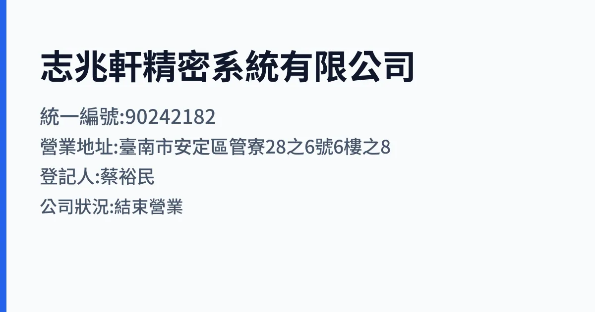 志兆軒精密系統有限公司 - 統編 90242182(臺南市) 公司登記資料與營業項目詳細圖表