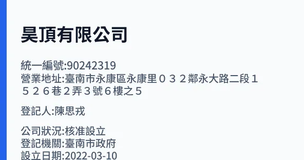 昊頂有限公司的照片-統編 90242319(臺南市) 公司登記資料與營業項目詳細圖表