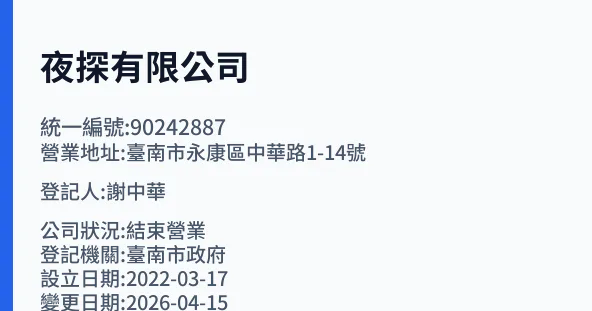 夜探有限公司的照片-統編 90242887(臺南市) 公司登記資料與營業項目詳細圖表