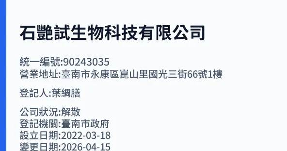 石艷試生物科技有限公司的照片-統編 90243035(臺南市) 公司登記資料與營業項目詳細圖表