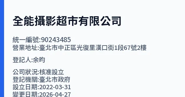 全能攝影超市有限公司的照片-統編 90243485(臺北市) 公司登記資料與營業項目詳細圖表