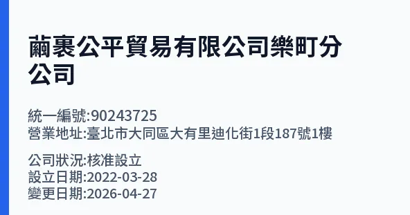 繭裹公平貿易有限公司樂町分公司的照片-統編 90243725(臺北市) 公司登記資料與營業項目詳細圖表