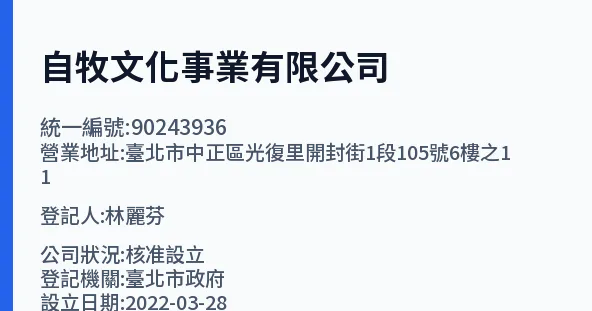 自牧文化事業有限公司的照片-統編 90243936(臺北市) 公司登記資料與營業項目詳細圖表