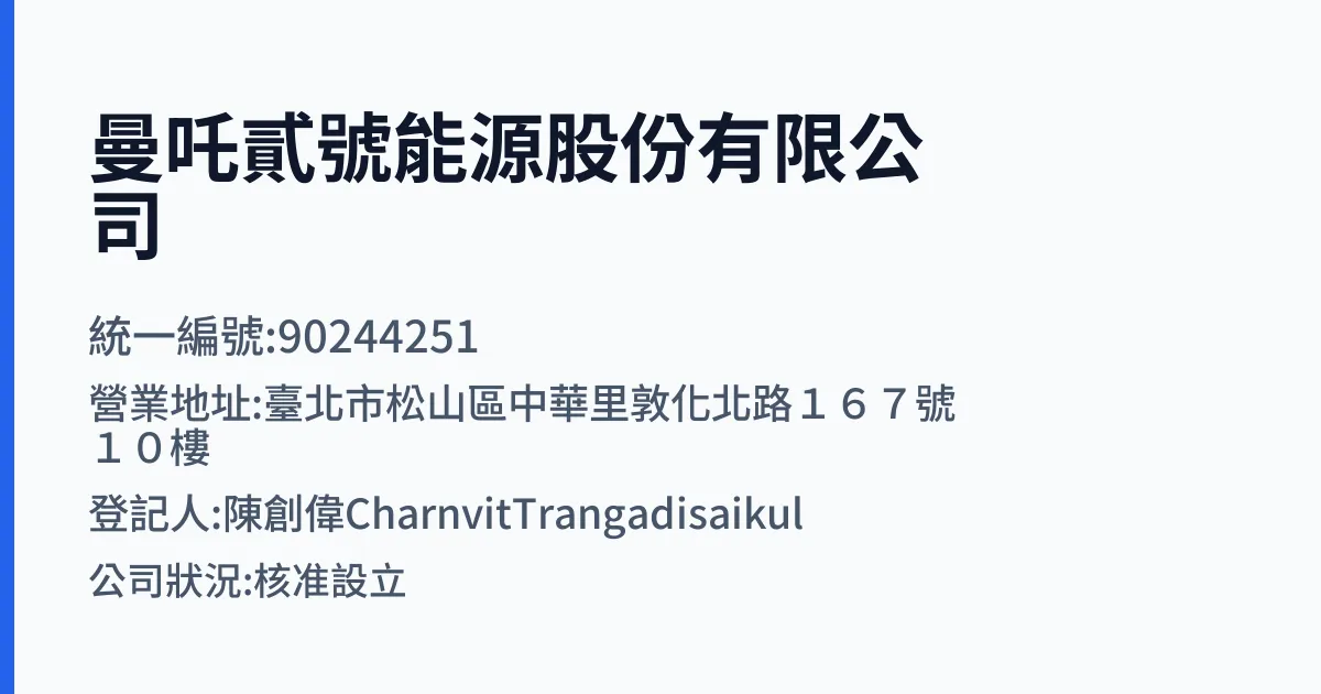 曼吒貳號能源股份有限公司 - 統編 90244251(臺北市) 公司登記資料與營業項目詳細圖表
