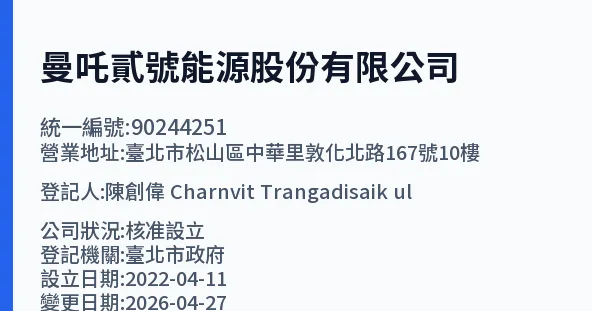 曼吒貳號能源股份有限公司的照片-統編 90244251(臺北市) 公司登記資料與營業項目詳細圖表