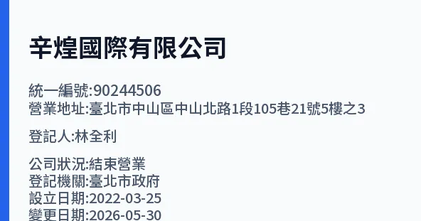 辛煌國際有限公司的照片-統編 90244506(臺北市) 公司登記資料與營業項目詳細圖表