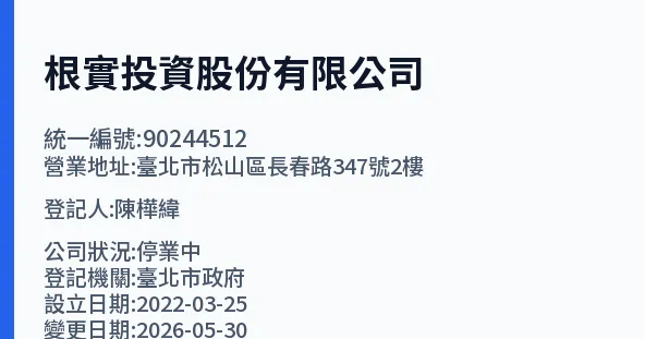 根實投資股份有限公司的照片-統編 90244512(臺北市) 公司登記資料與營業項目詳細圖表