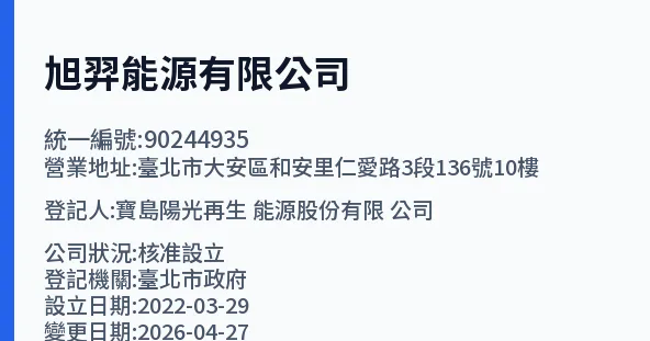 旭羿能源有限公司的照片-統編 90244935(臺北市) 公司登記資料與營業項目詳細圖表