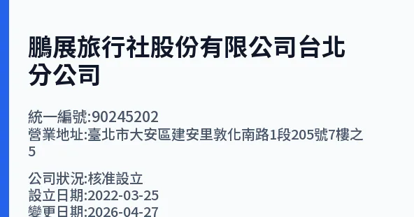 鵬展旅行社股份有限公司台北分公司的照片-統編 90245202(臺北市) 公司登記資料與營業項目詳細圖表