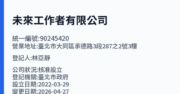 未來工作者有限公司的照片-統編 90245420(臺北市) 公司登記資料與營業項目詳細圖表