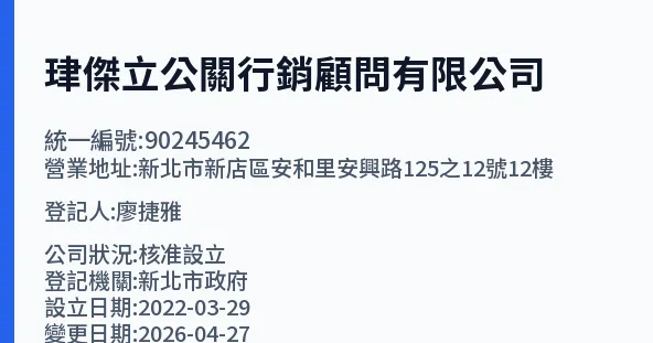 珒傑立公關行銷顧問有限公司的照片-統編 90245462(新北市) 公司登記資料與營業項目詳細圖表