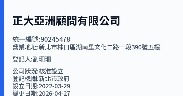 正大亞洲顧問有限公司的照片-統編 90245478(新北市) 公司登記資料與營業項目詳細圖表