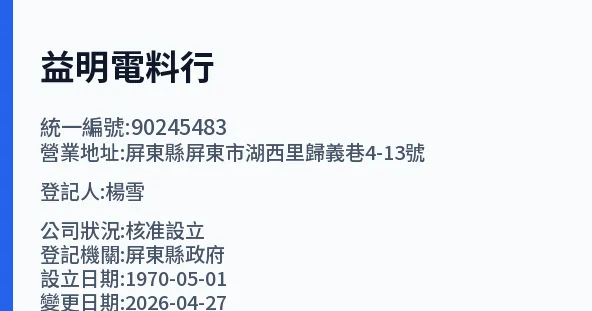 益明電料行的照片-統編 90245483(屏東縣) 公司登記資料與營業項目詳細圖表