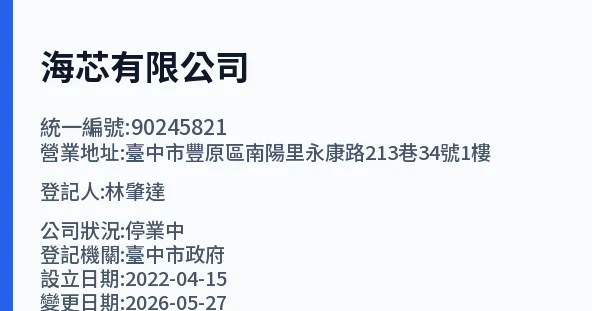 海芯有限公司的照片-統編 90245821(臺中市) 公司登記資料與營業項目詳細圖表