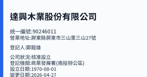 達興木業股份有限公司的照片-統編 90246011(屏東縣) 公司登記資料與營業項目詳細圖表