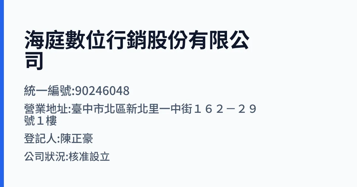 海庭數位行銷股份有限公司 - 統編 90246048(臺中市) 公司登記資料與營業項目詳細圖表