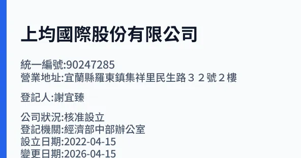 上均國際股份有限公司的照片-統編 90247285(宜蘭縣) 公司登記資料與營業項目詳細圖表