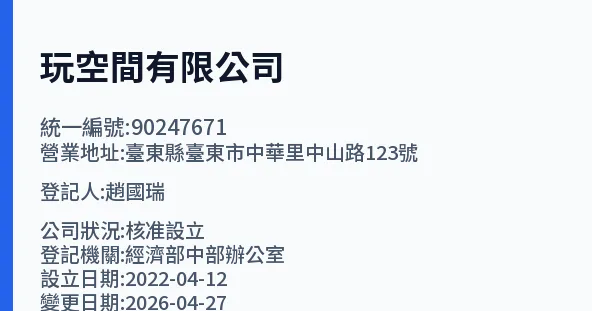 玩空間有限公司的照片-統編 90247671(臺東縣) 公司登記資料與營業項目詳細圖表