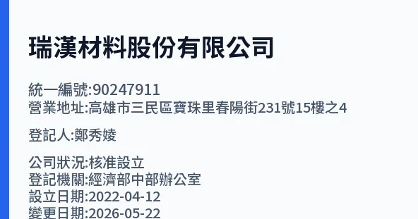 瑞漢材料股份有限公司的照片-統編 90247911(高雄市) 公司登記資料與營業項目詳細圖表