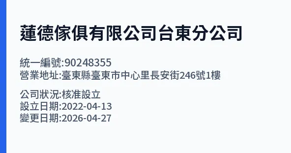 蓮德傢俱有限公司台東分公司的照片-統編 90248355(臺東縣) 公司登記資料與營業項目詳細圖表