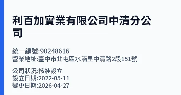 利百加實業有限公司中清分公司的照片-統編 90248616(臺中市) 公司登記資料與營業項目詳細圖表