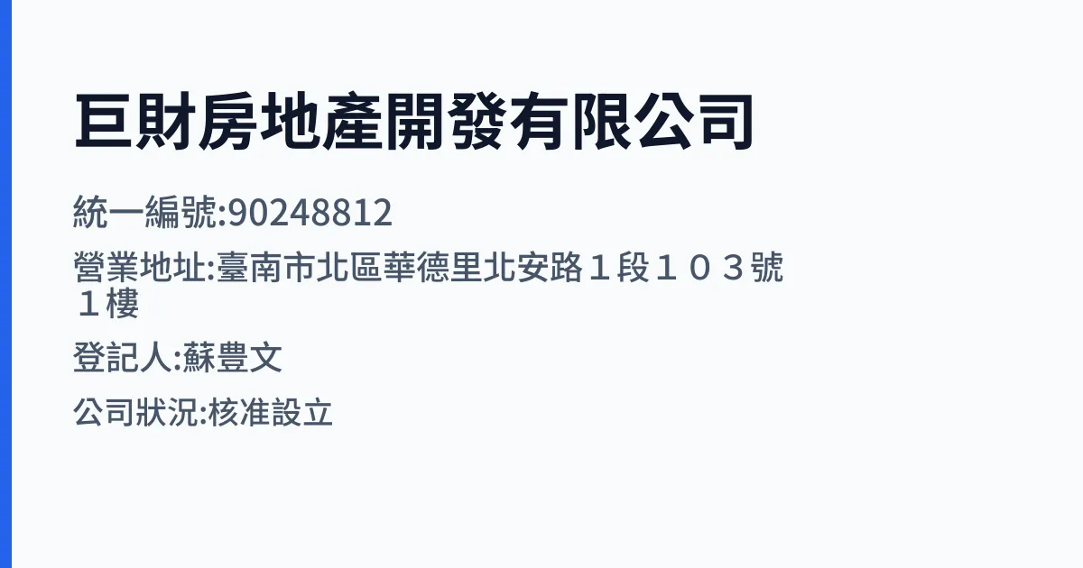巨財房地產開發有限公司 - 統編 90248812(臺南市) 公司登記資料與營業項目詳細圖表