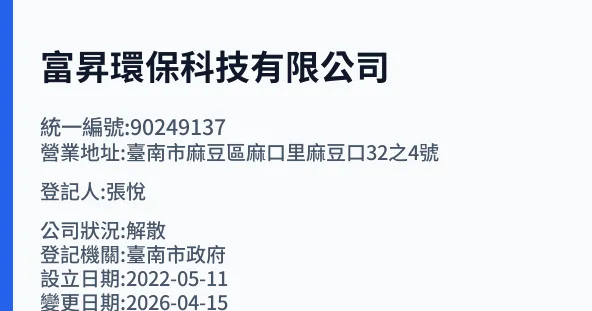 富昇環保科技有限公司的照片-統編 90249137(臺南市) 公司登記資料與營業項目詳細圖表