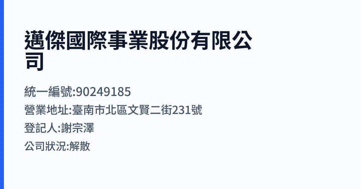 邁傑國際事業股份有限公司 - 統編 90249185(臺南市) 公司登記資料與營業項目詳細圖表