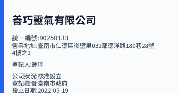 善巧靈氣有限公司的照片-統編 90250133(臺南市) 公司登記資料與營業項目詳細圖表