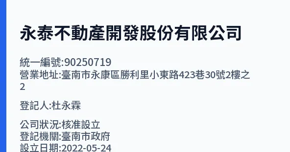 永泰不動產開發股份有限公司的照片-統編 90250719(臺南市) 公司登記資料與營業項目詳細圖表