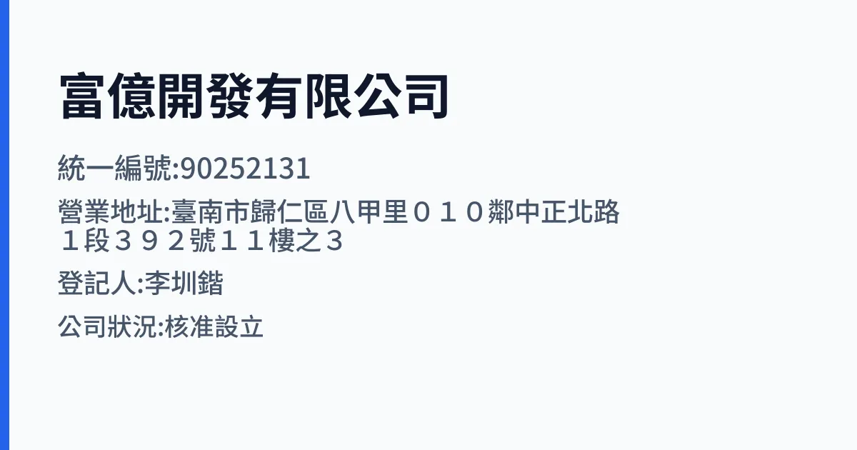 富億開發有限公司 - 統編 90252131(臺南市) 公司登記資料與營業項目詳細圖表