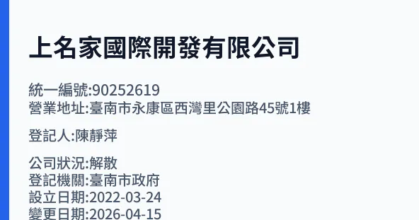 上名家國際開發有限公司的照片-統編 90252619(臺南市) 公司登記資料與營業項目詳細圖表